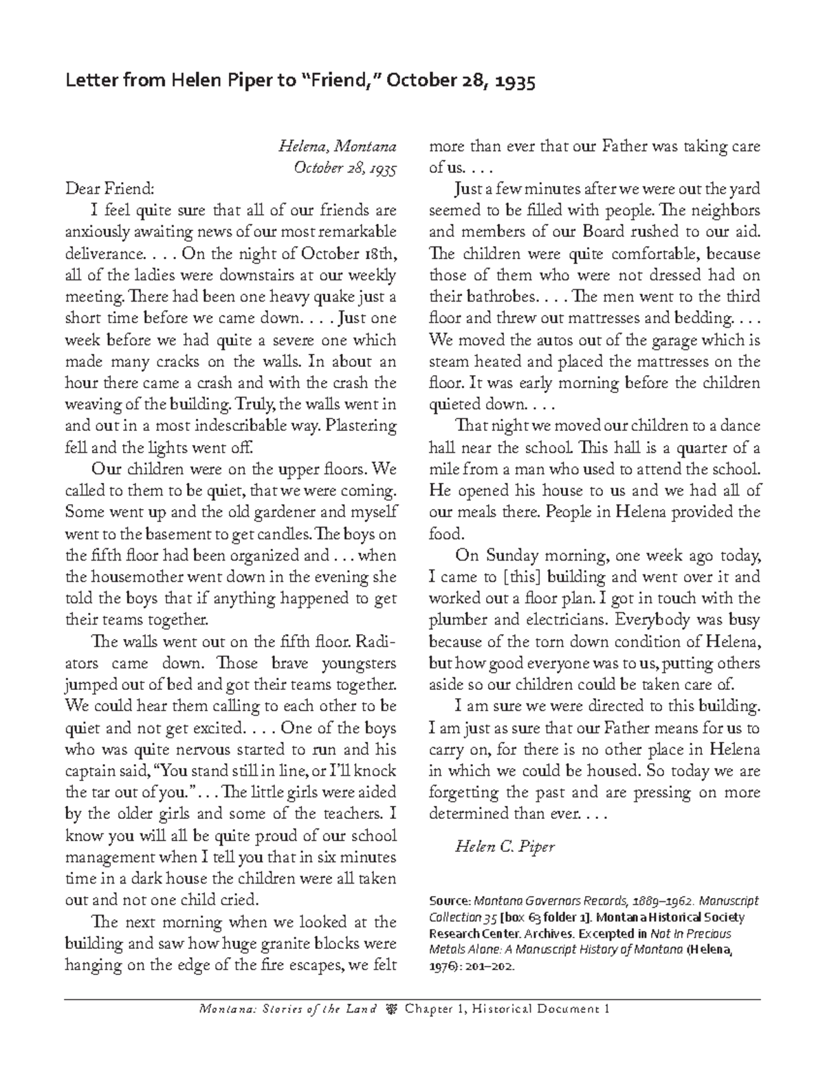 Piper Letter - Montana: Stor ies of the Land B Chapter 1, Historical ...