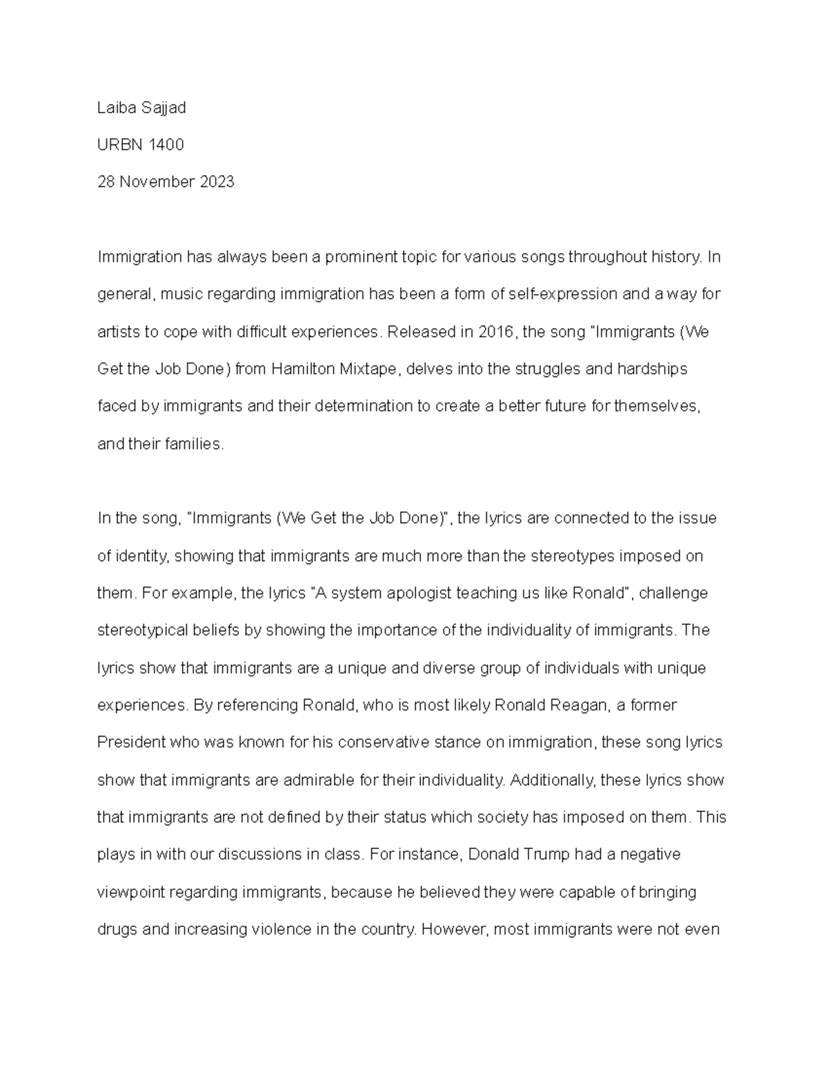 Immigration Song Analysis - Laiba Sajjad URBN 1400 28 November 2023 ...