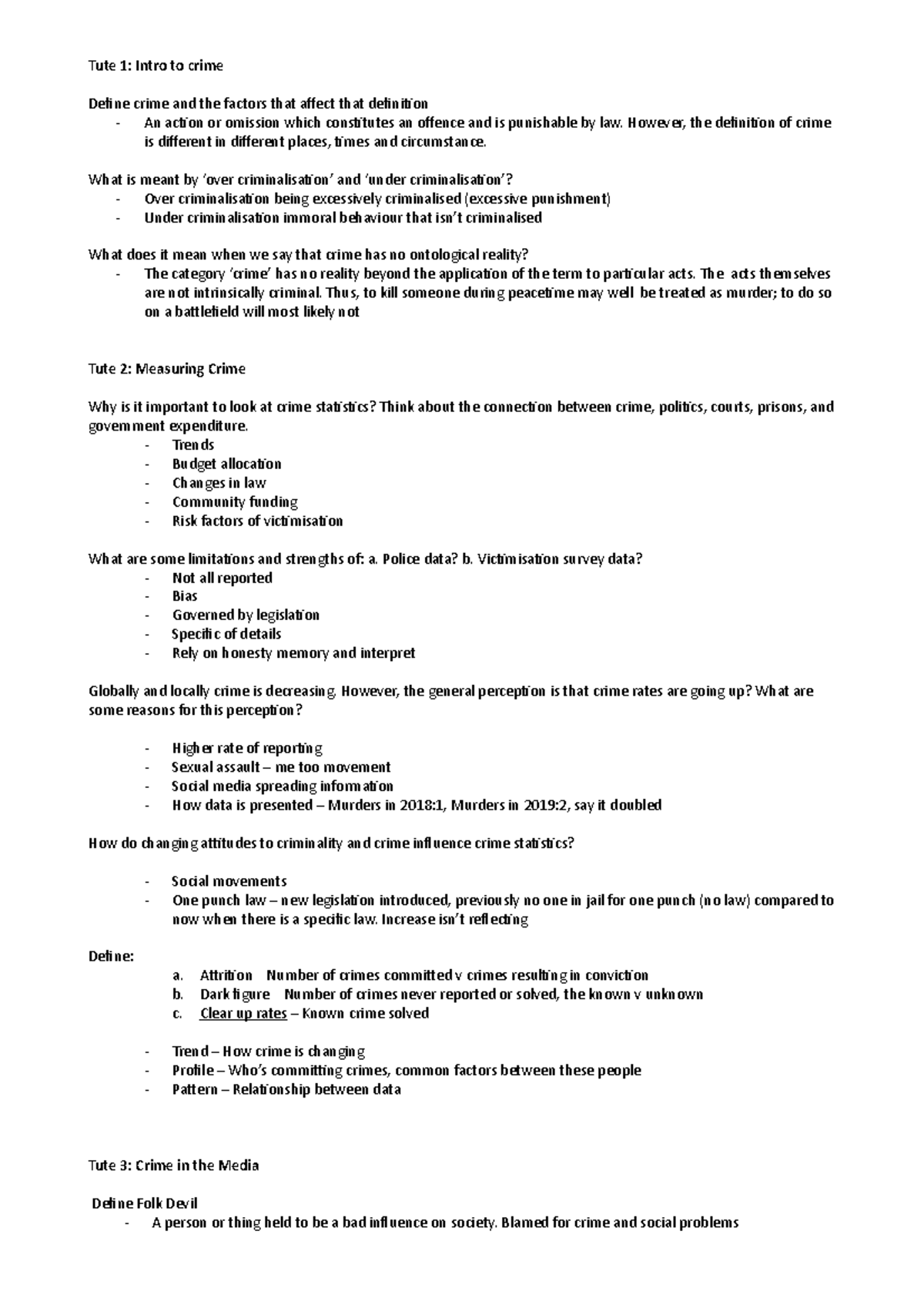 Tute Answers - notes - Tute 1: Intro to crime Define crime and the ...