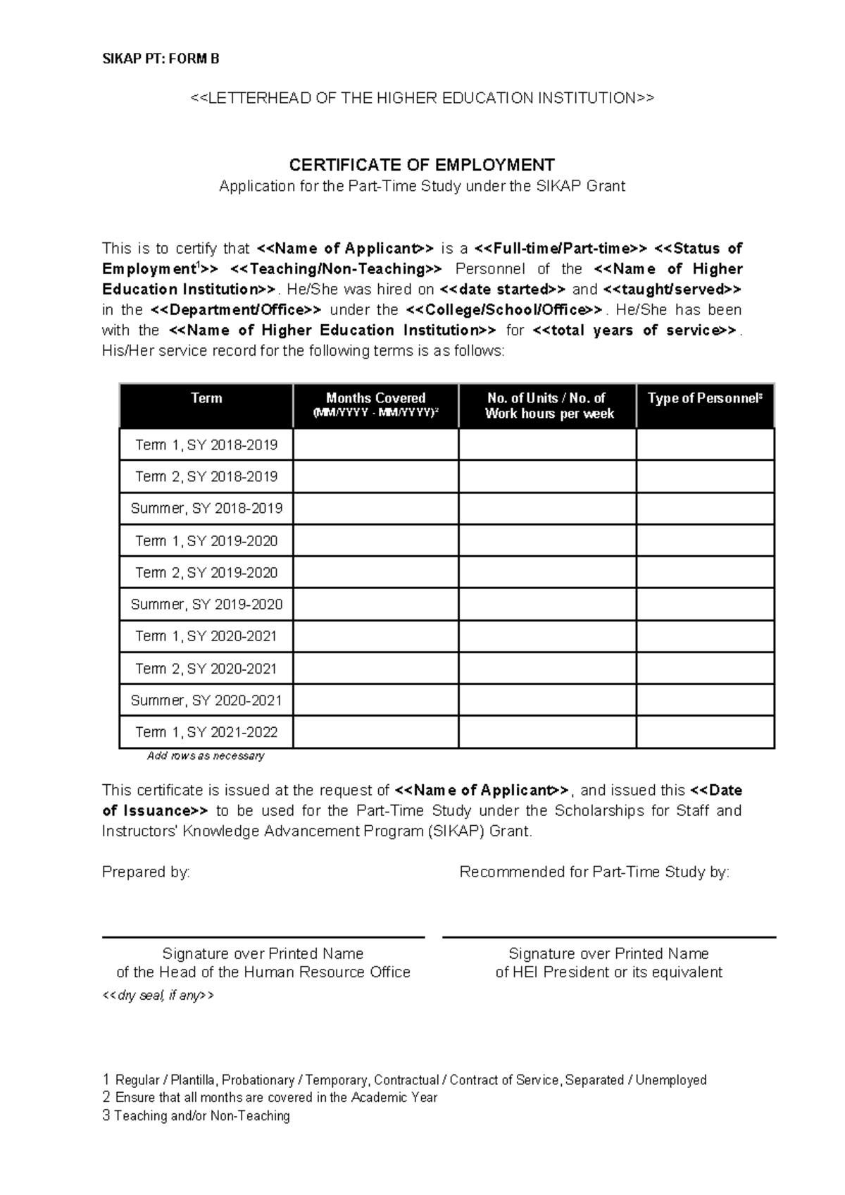 [PART-TIME] Sikap Certificate OF Employment - SIKAP PT: FORM B