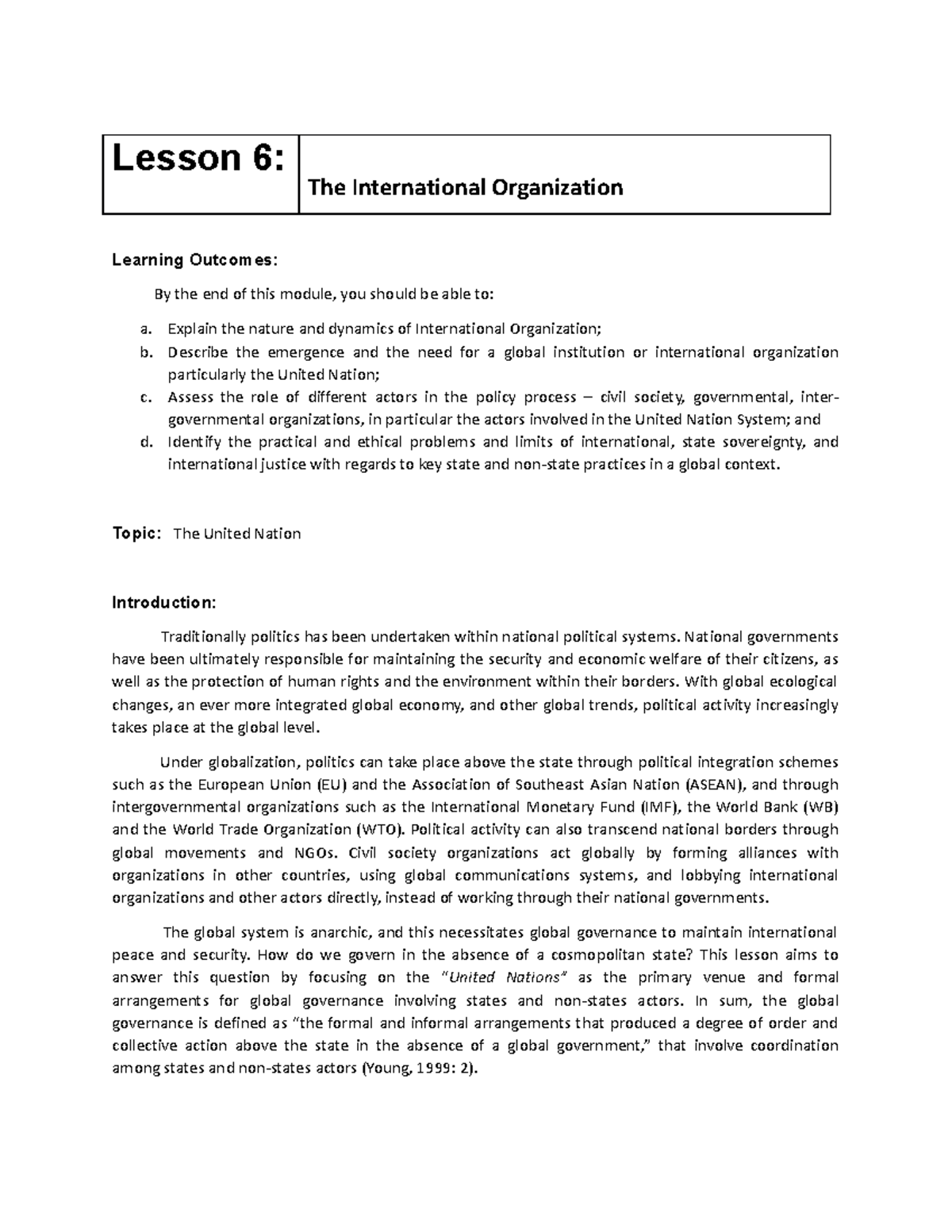 Lesson 6 - United Nation - Lesson 6: The International Organization ...