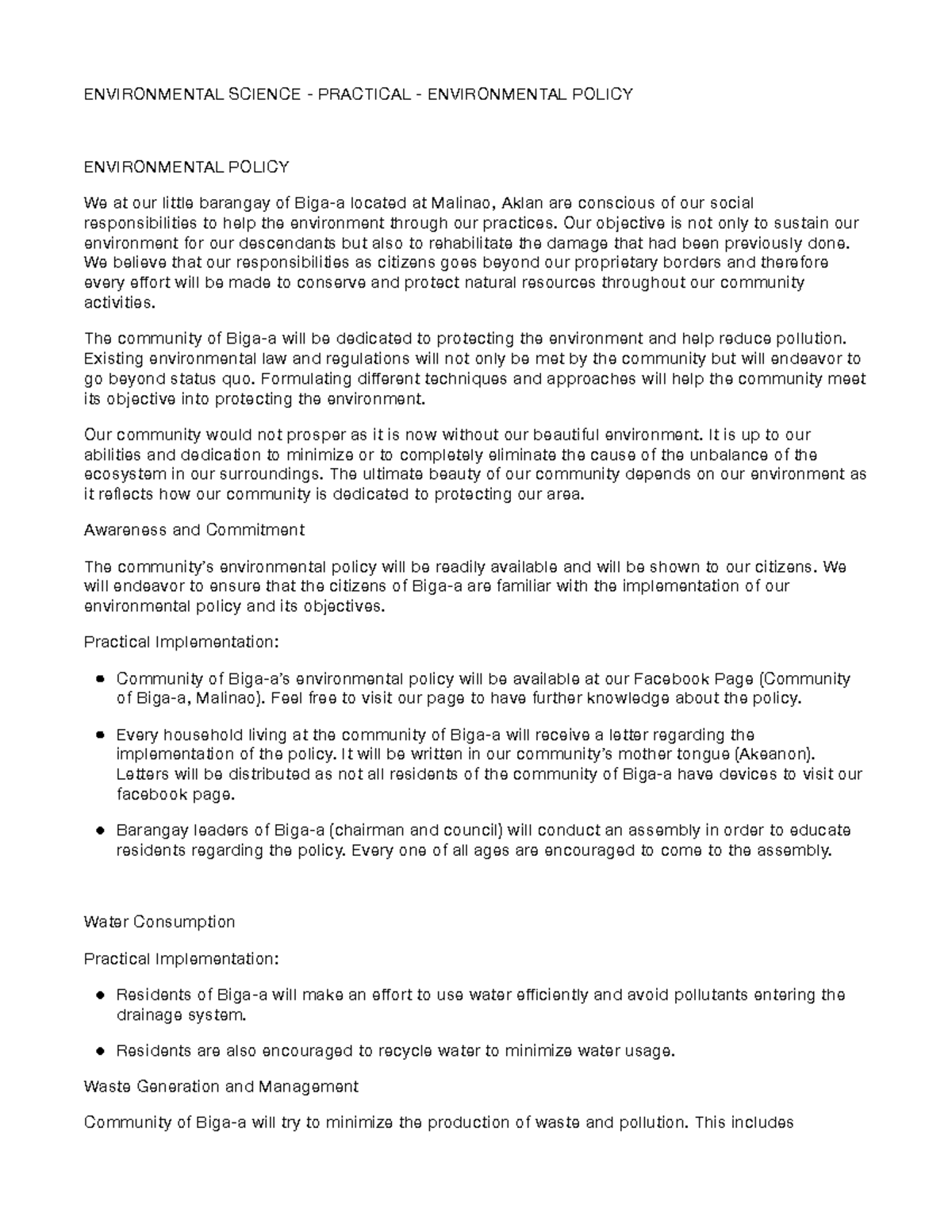 Environmental Science - Practical - Environmental Policy - La Salle ...