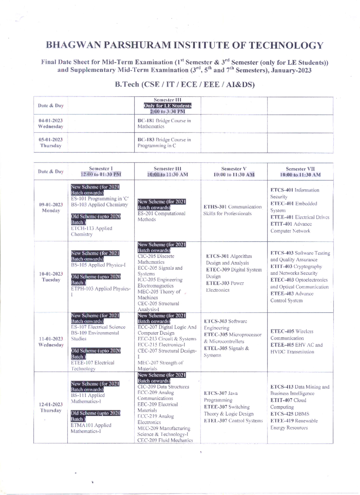 Final Date Sheet for Mid- Term Examination and Supplementary Mid - Term - Computer science - Studocu