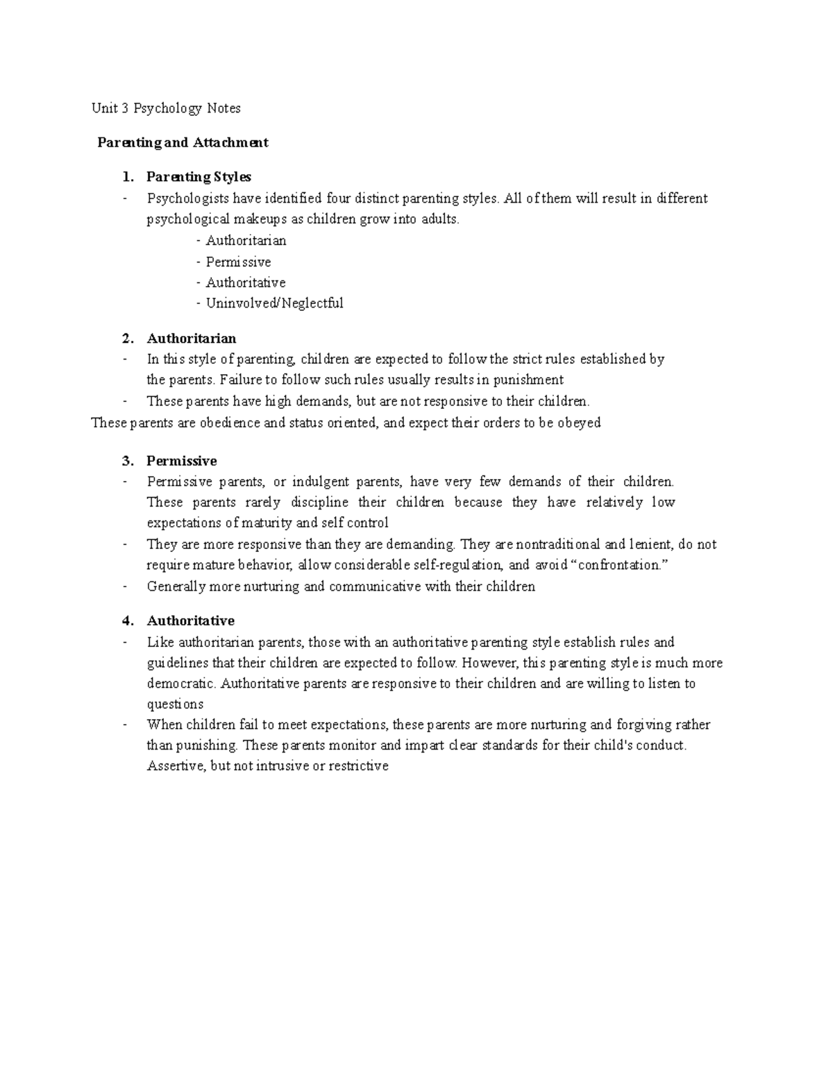 Parenting and Attachment - Unit 3 Psychology Notes Parenting and ...