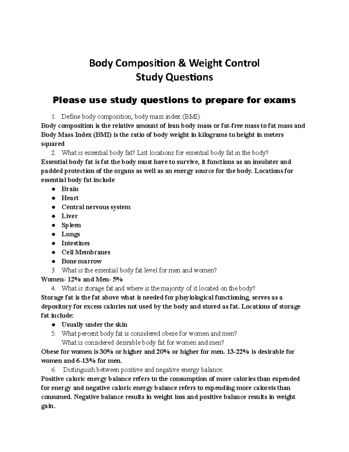 Body Composition Study Questions - MVSC 101 - Studocu