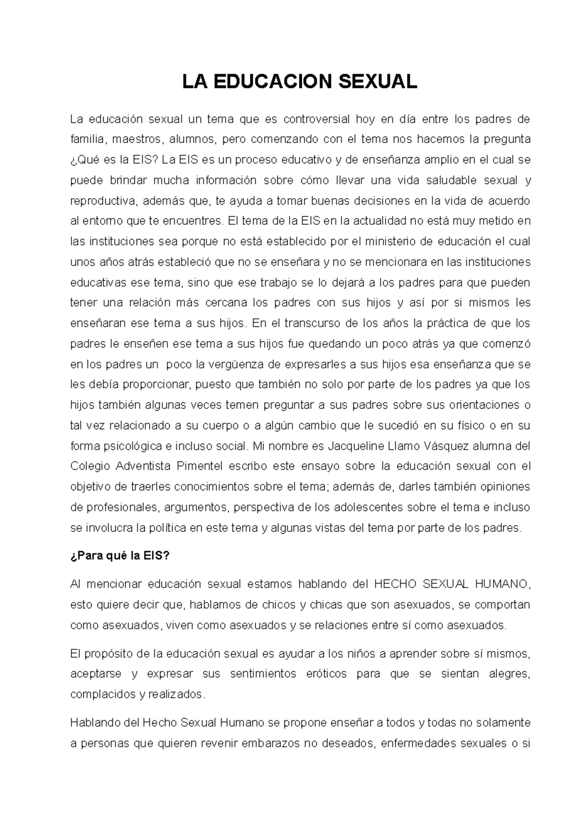 Ensayo de la educación sexual - LA EDUCACION SEXUAL La educación sexual ...