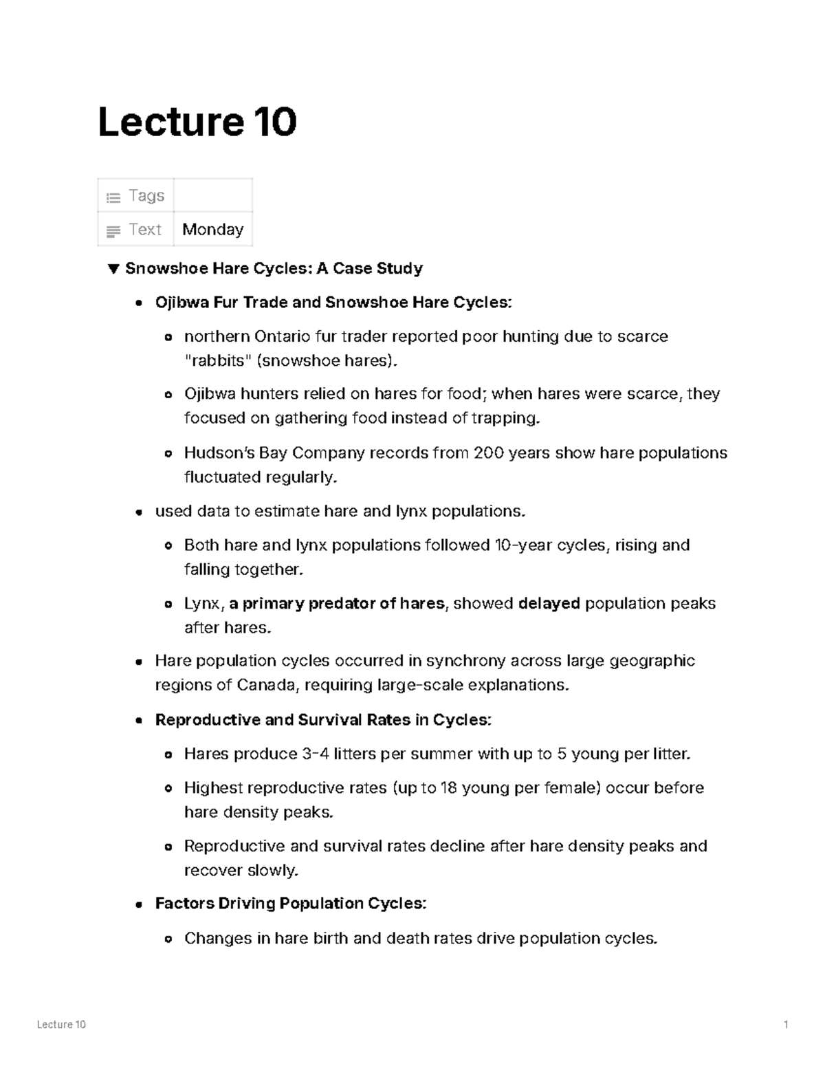 Lecture 10 - yerrrr - Lecture 10 Tags Text Monday Snowshoe Hare Cycles ...