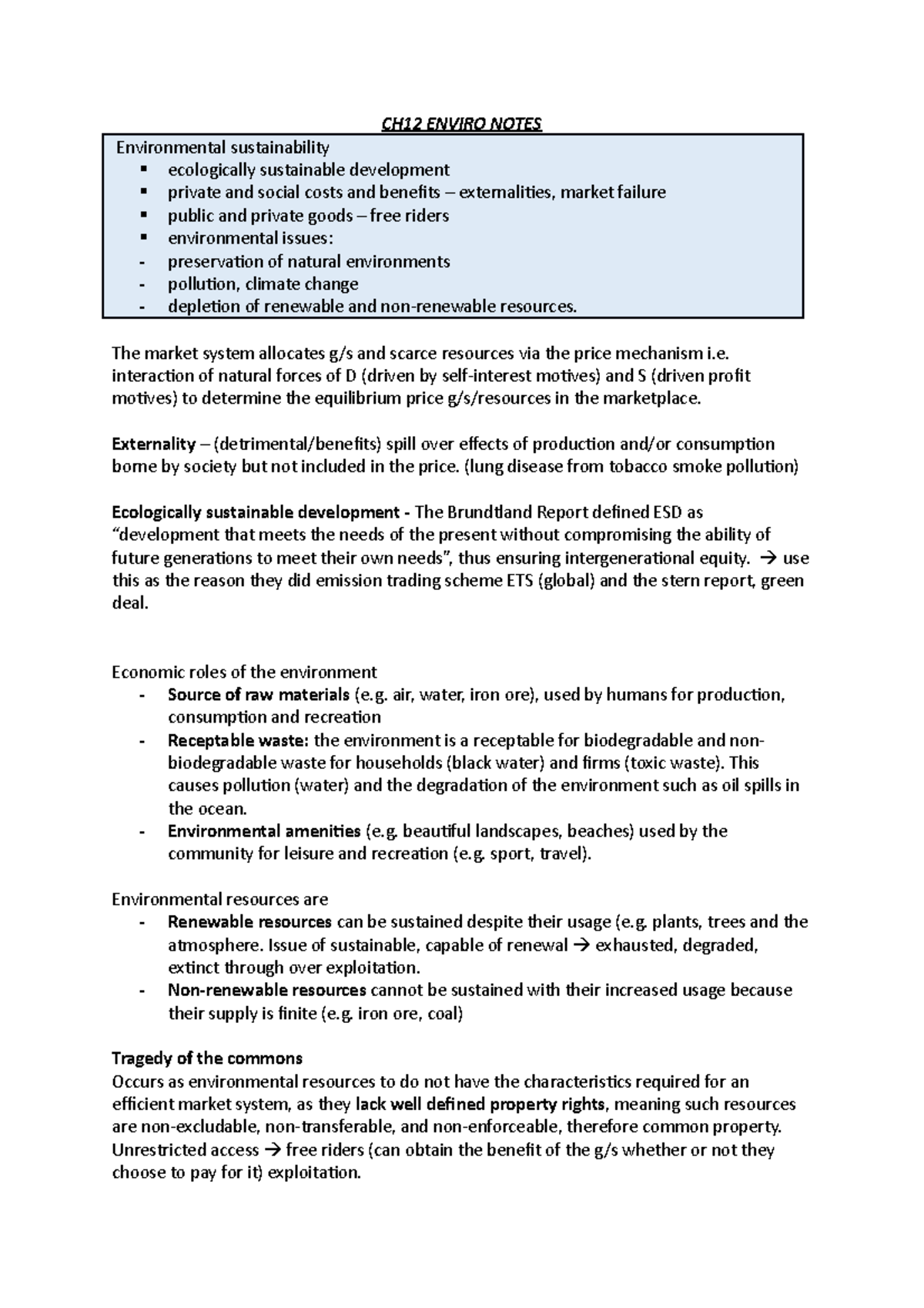 ECON1102 Notes - CH12 Environmental Sustainability - CH12 ENVIRO NOTES ...