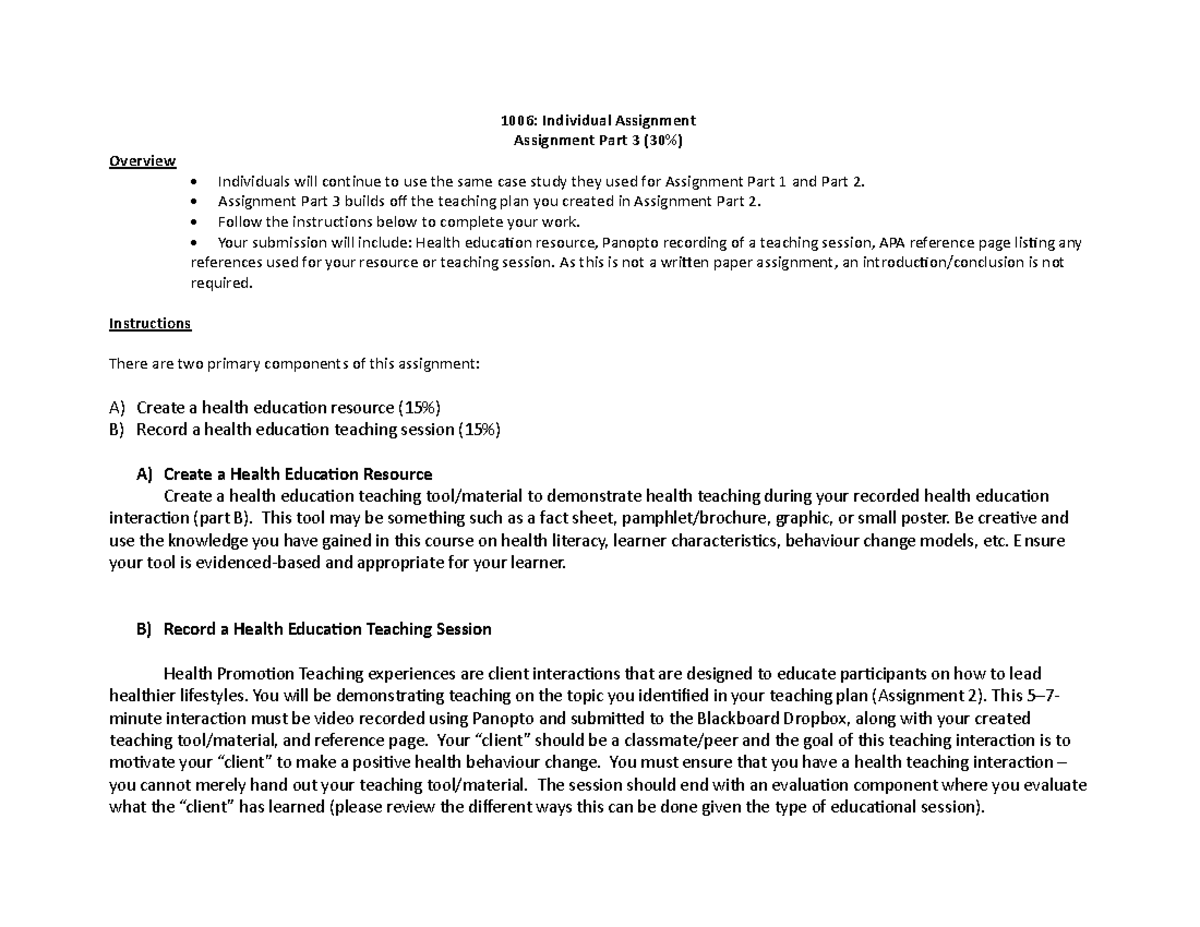 Assignment Part 3 1006 Instructions and Rubric - 1006: Individual Assignment Assignment Part 3 ...