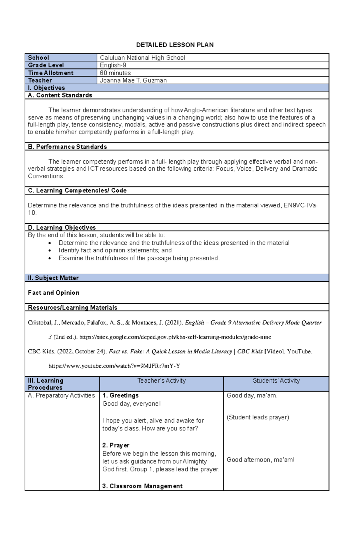Fake News-Detailed Lesson Plan - DETAILED LESSON PLAN School Caluluan ...