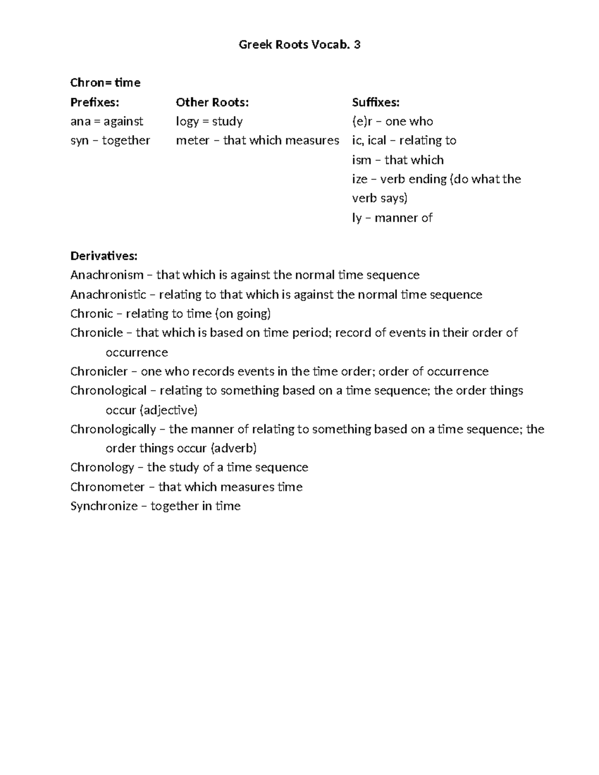 Greek Roots Vocabulary 3 List - Greek Roots Vocab. 3 Chron= time ...