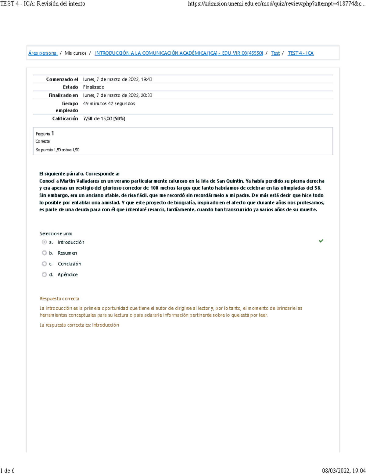 TEST 4 - ICA - PREGUNTAS - Área personal / Mis cursos / INTRODUCCIÓN A ...