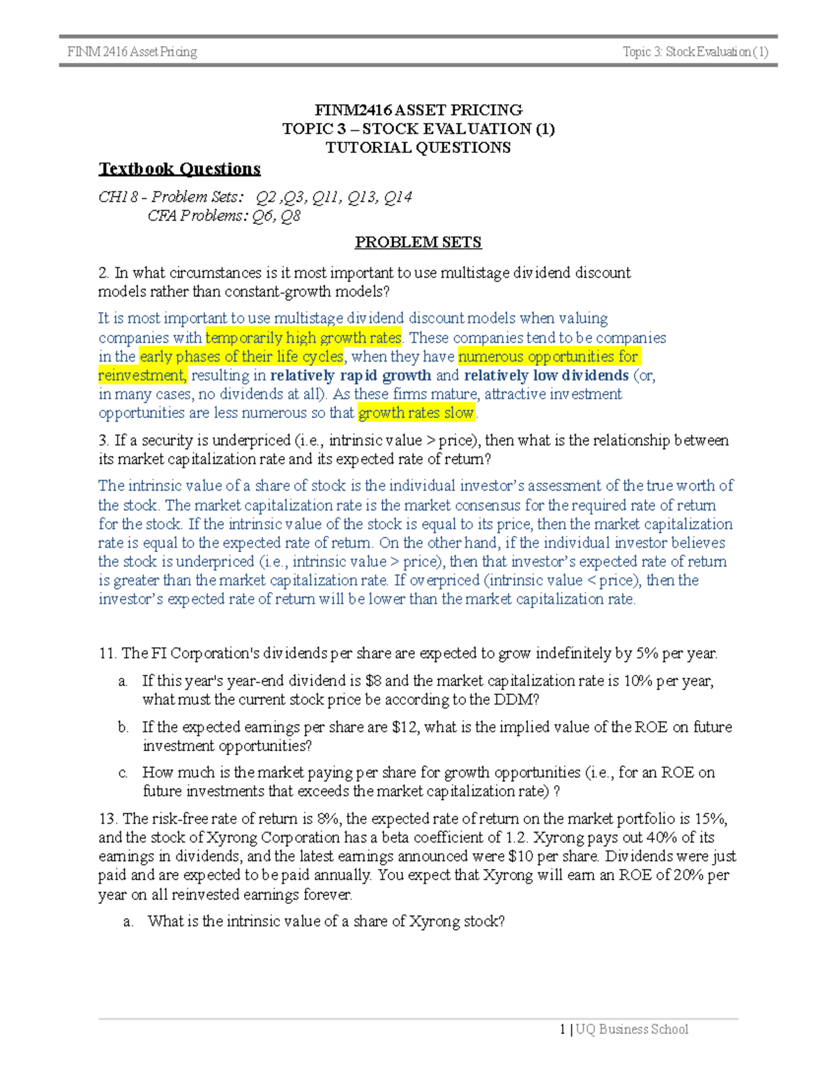 Tutorial Questions Week 3 (with answers) - FINM 2416 Asset Pricing ...