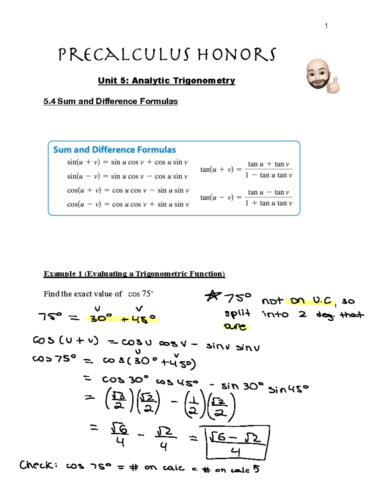 5.4 Sum and Difference Formulas - Precalculus Honors Unit 5: Analytic ...
