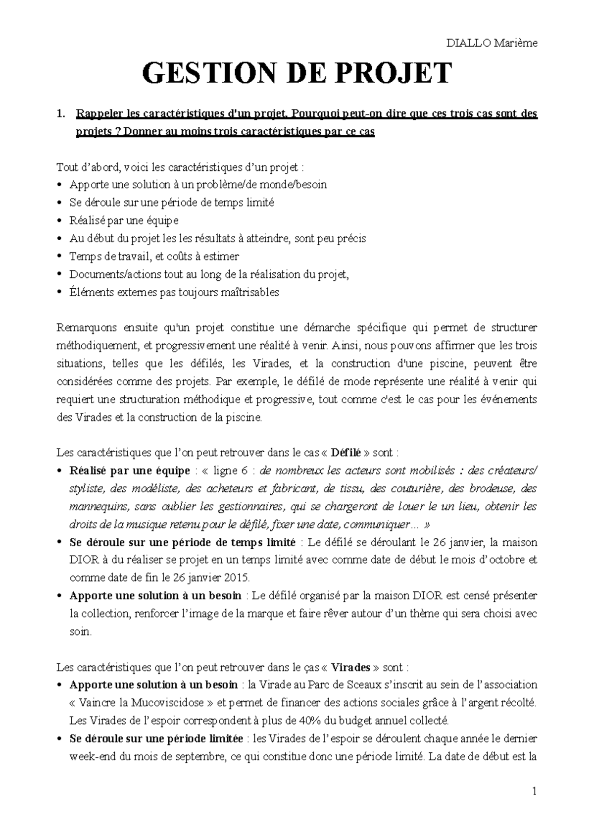 Gestion DE Projet - DIALLO Marième GESTION DE PROJET 1. Rappeler les ...