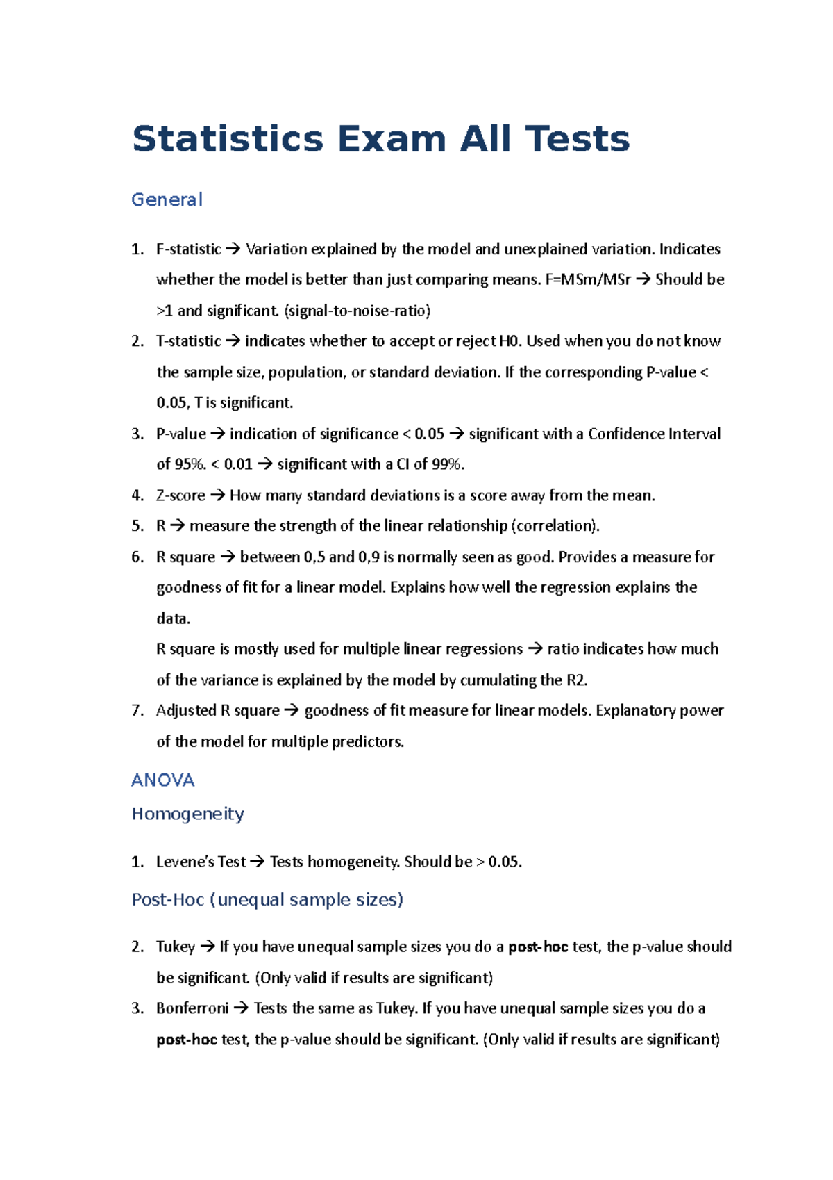 Statistics Exam All Tests - Statistics Exam All Tests General 1. F ...
