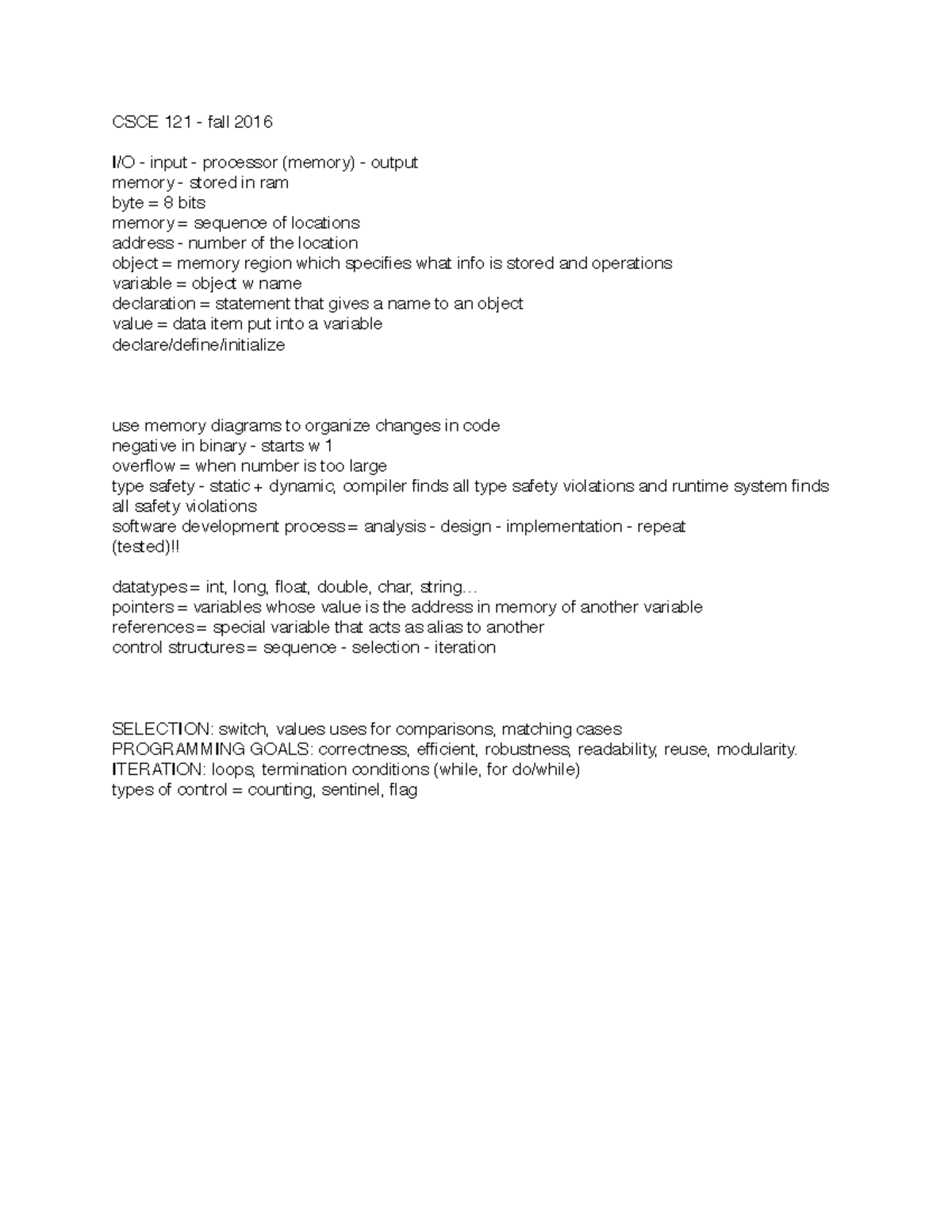 Csce 121 Notes Fall 2016 Complete Lecture Notes Csce 121 Fall 2016 Input Processor Memory 