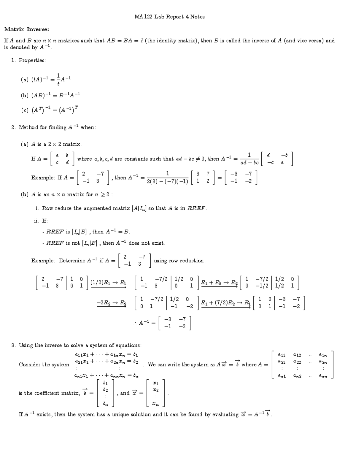 Lab4Notes - Lab 4 Notes - MA122 Lab Report 4 Notes Matrix Inverse: If A ...