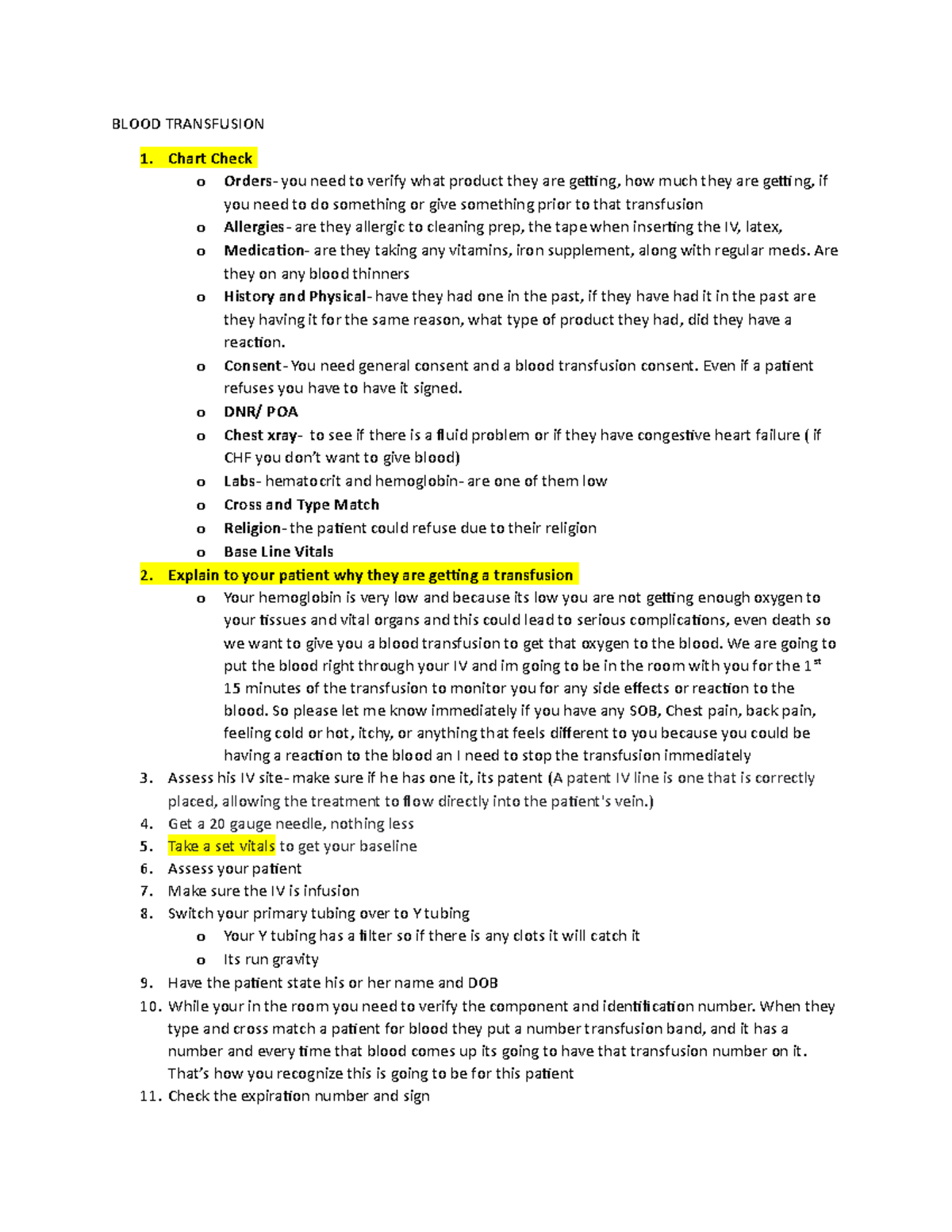 Blood Transfusion Skills Check off - BLOOD TRANSFUSION Chart Check o ...