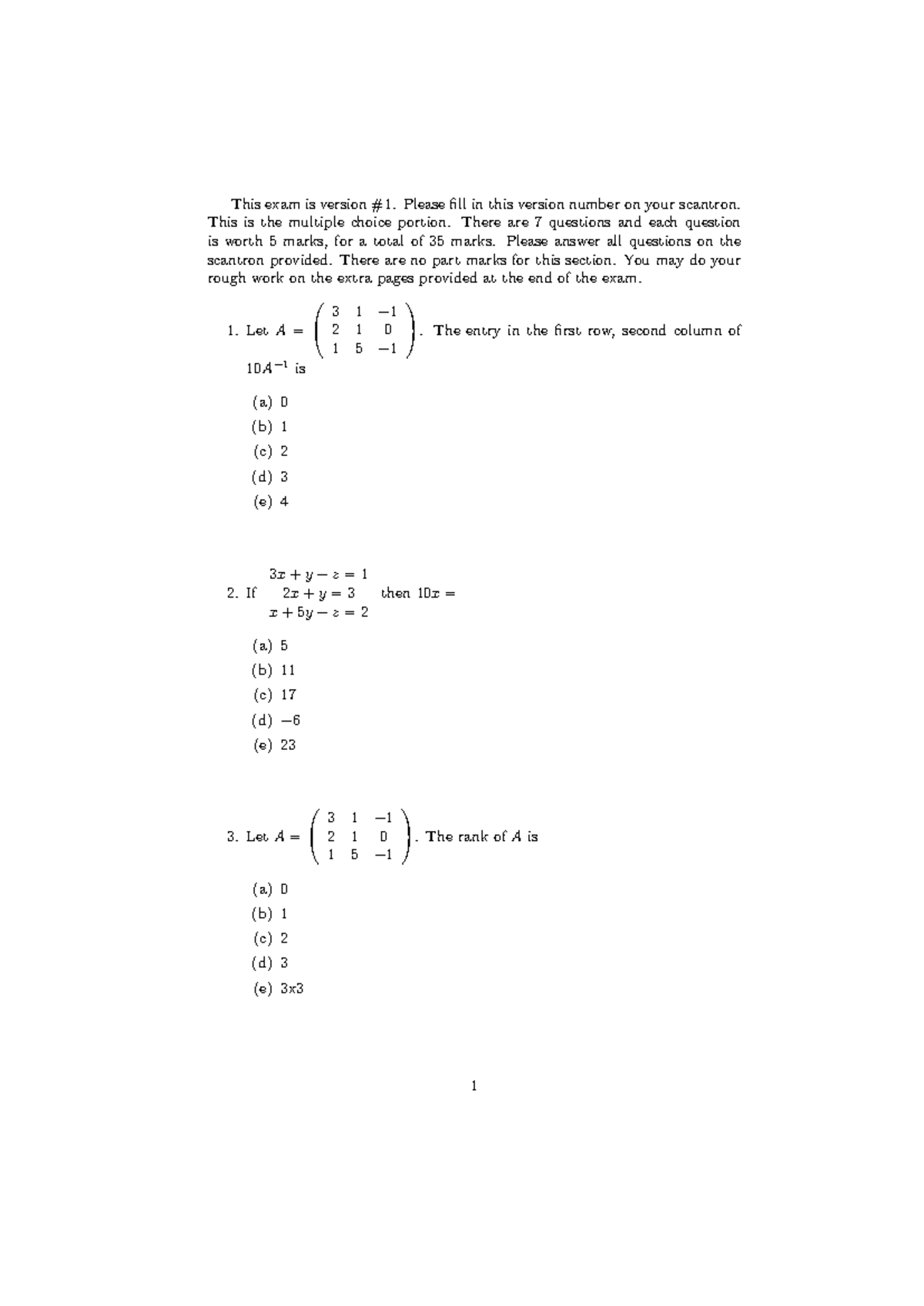 Math 133 Midterm Exam Fall 2023 Version 1 - This exam is version #1. Please fill in this version ...
