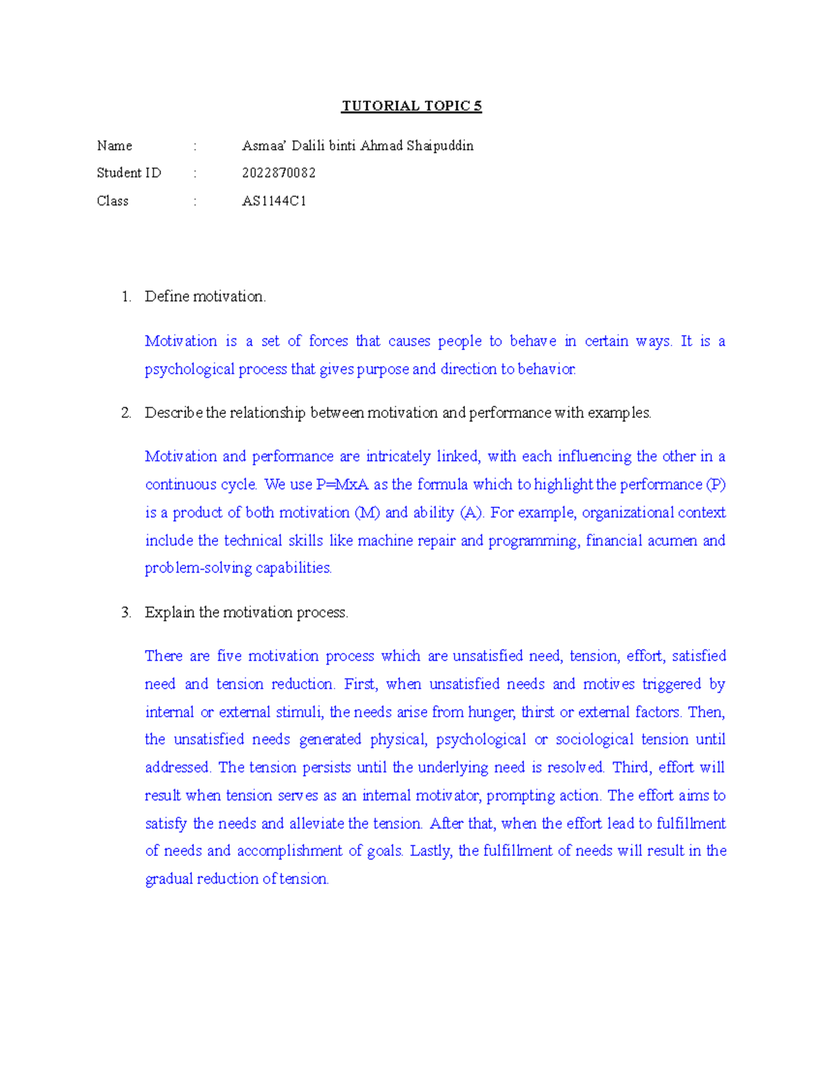 Dalili 4C1 Tutor 5 - TUTORIAL TOPIC 5 Name : Asmaa’ Dalili binti Ahmad Shaipuddin Student ID ...