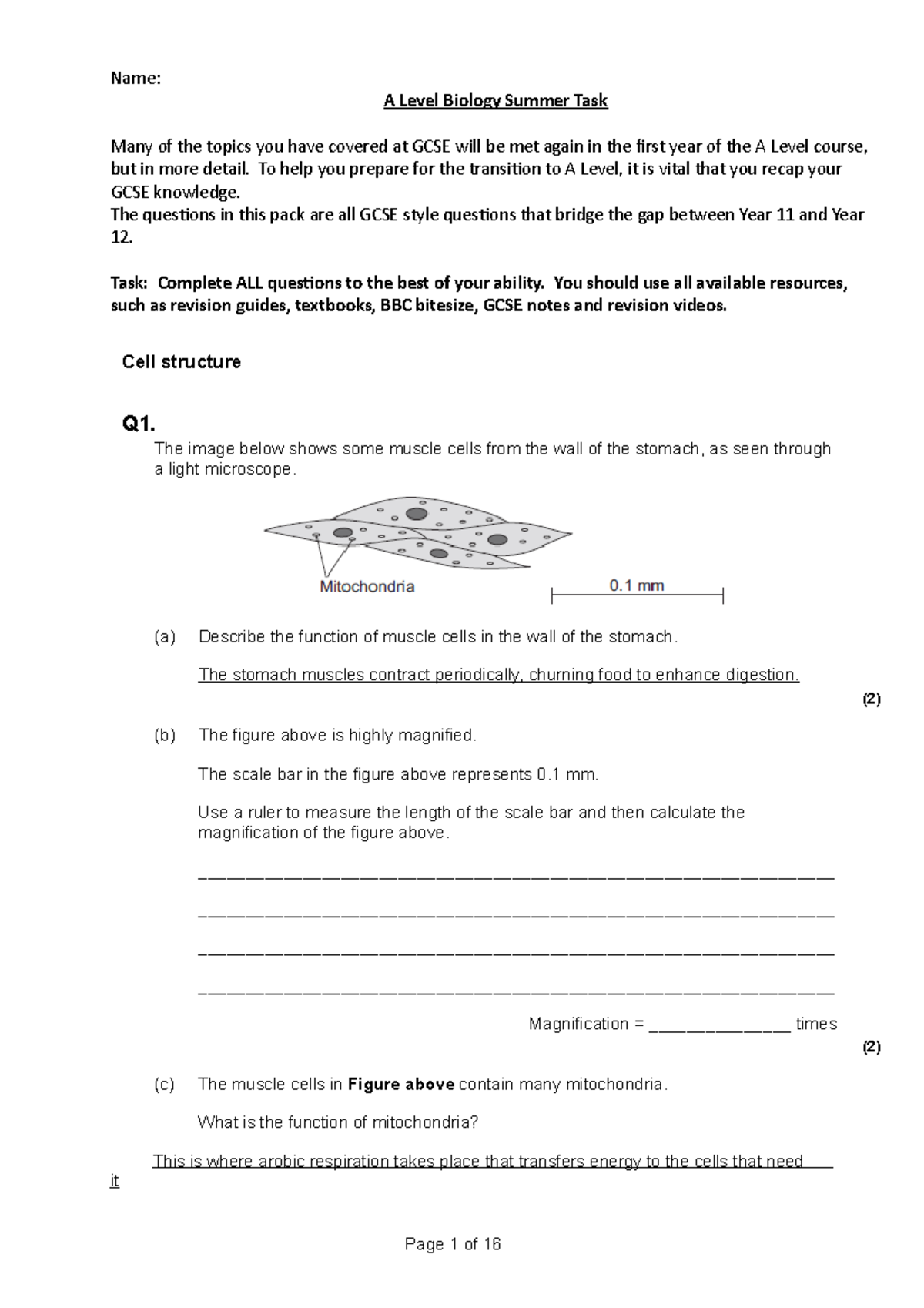 Biology summer tasks - Name: A Level Biology Summer Task Many of the ...