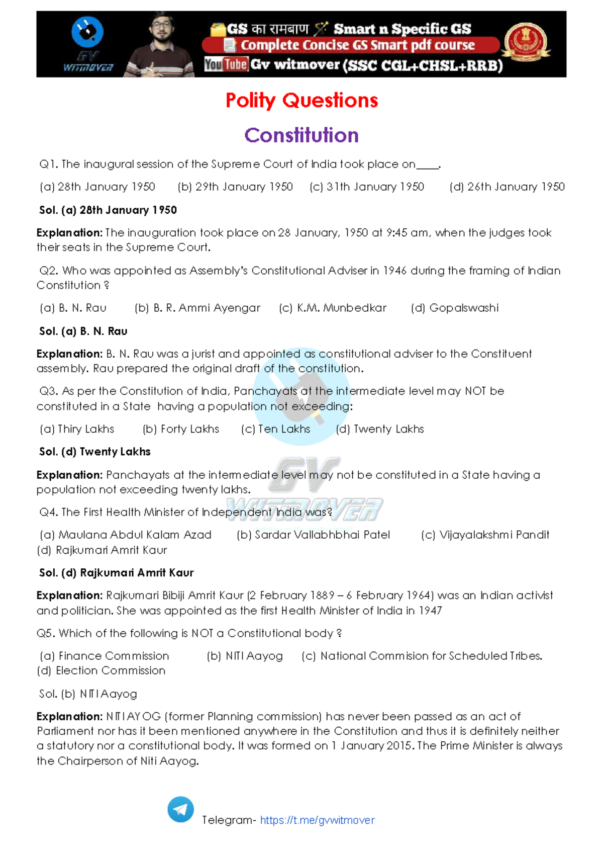 Polity qus - Polity Questions Constitution Q1. The inaugural session of ...