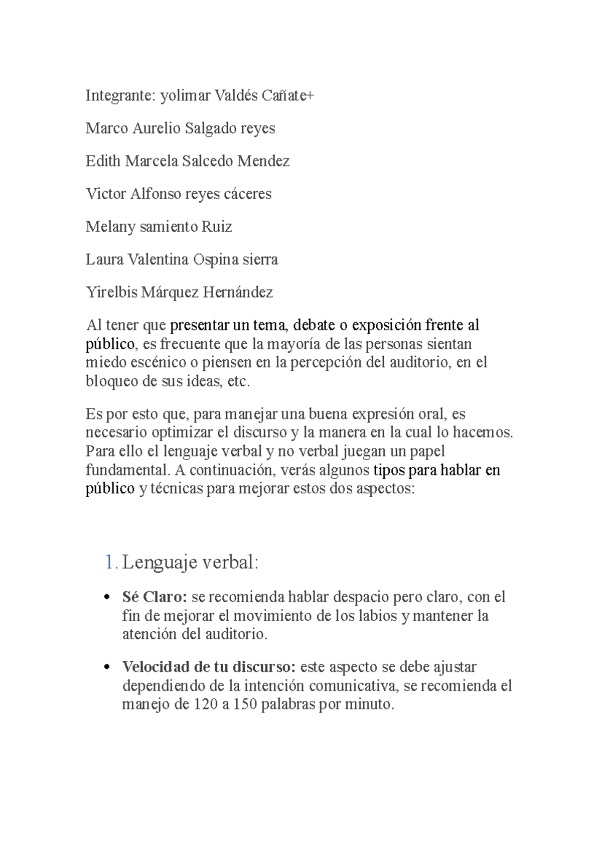Aprendizaje de expresión oral 1 - Integrante: yolimar Valdés Cañate ...