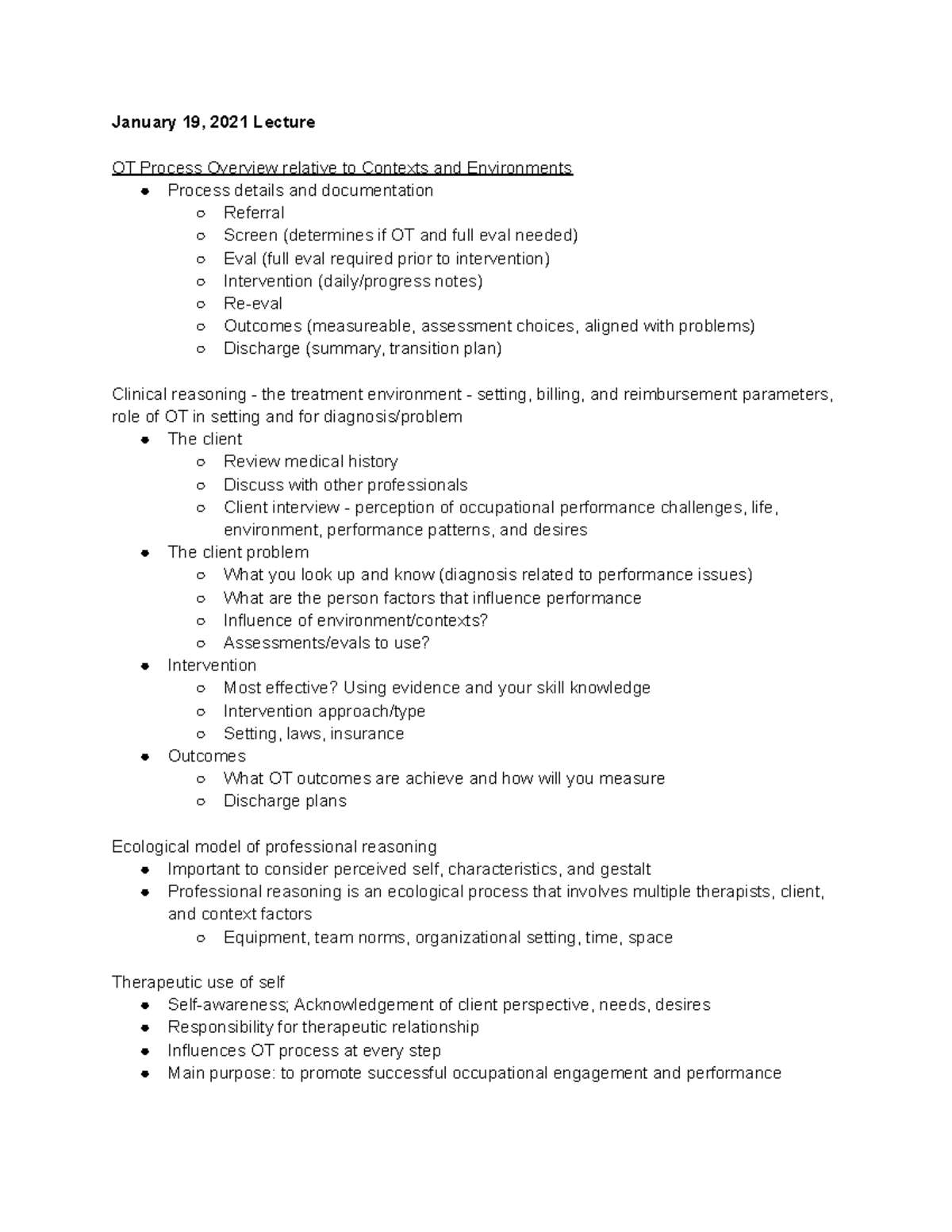 OTH525 - Notes Week 1-7 - Dr Finch - January 19, 2021 Lecture OT ...