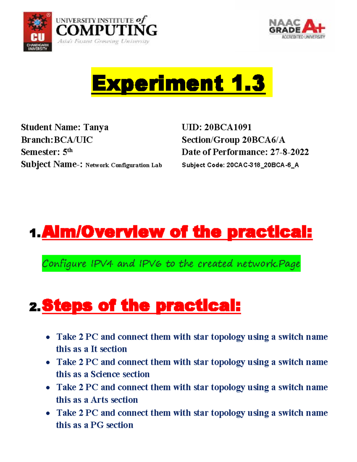 Exp 1.3 20BCA1091Tanya Network Administration Lab - Experiment 1. 3 Student Name: Tanya UID ...
