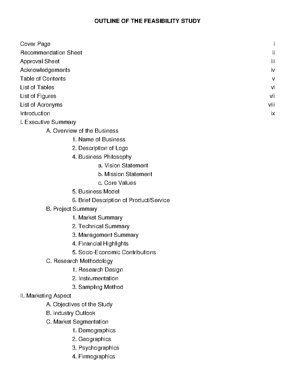 Feasibility Outline - OUTLINE OF THE FEASIBILITY STUDY Cover Page i ...