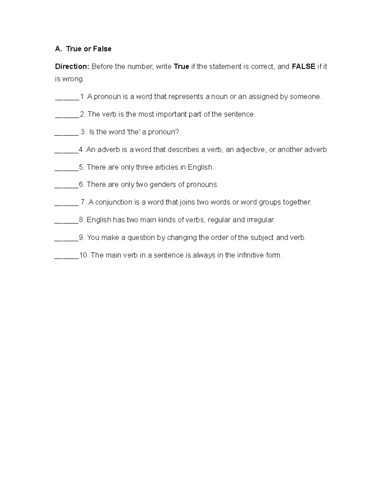 Binary Exam - A. True or False Direction: Before the number, write True ...