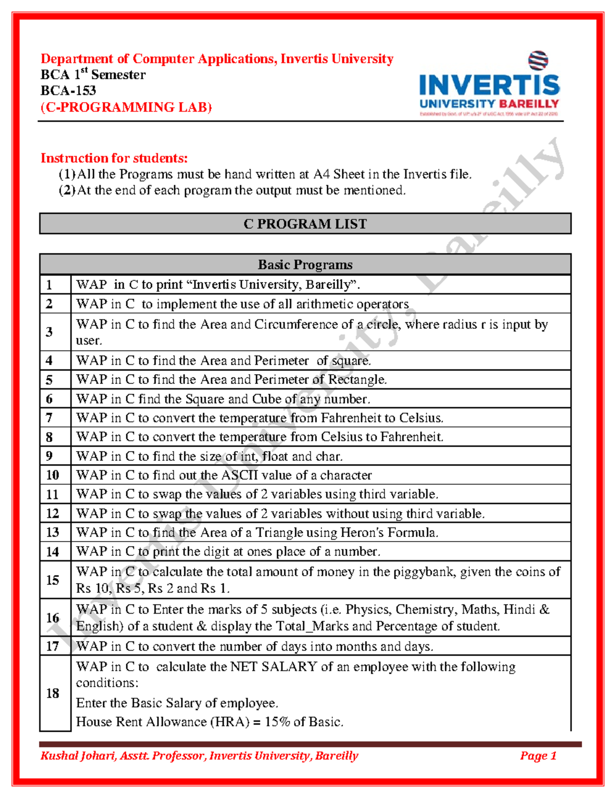 C program List - practice problems - Department of Computer ...