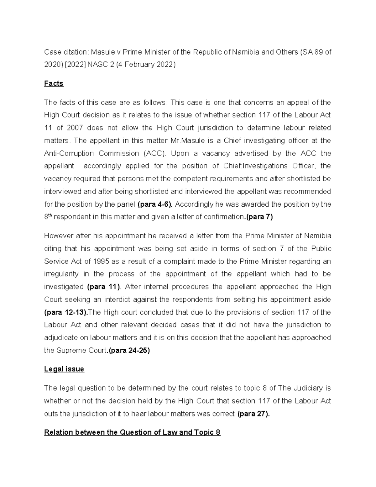 Topic 8 workshop - Case citation: Masule v Prime Minister of the ...