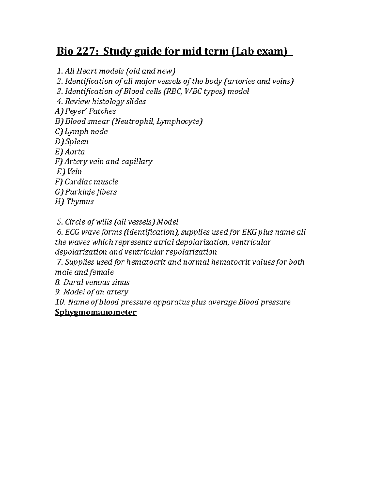 Bio 227 Midterm Lab study guide - BIOLOGY 115 - Studocu
