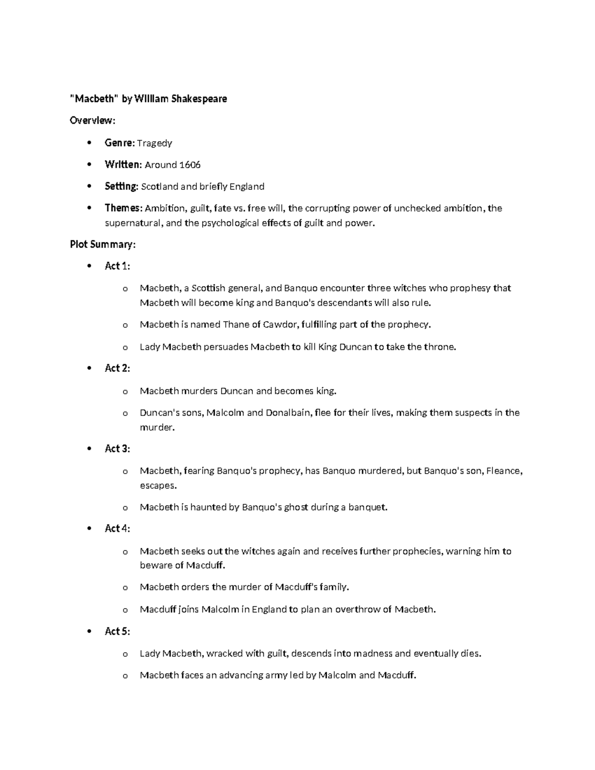 Macbeth notes - "Macbeth" by William Shakespeare Overview: Genre ...