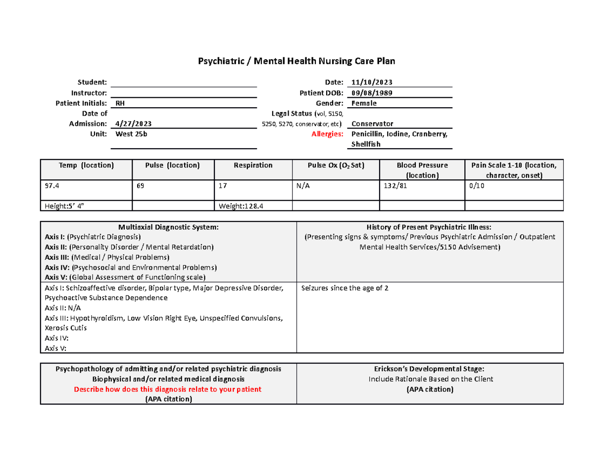 Detailed+Care+Plan - Care Plan example - Psychiatric / Mental Health ...
