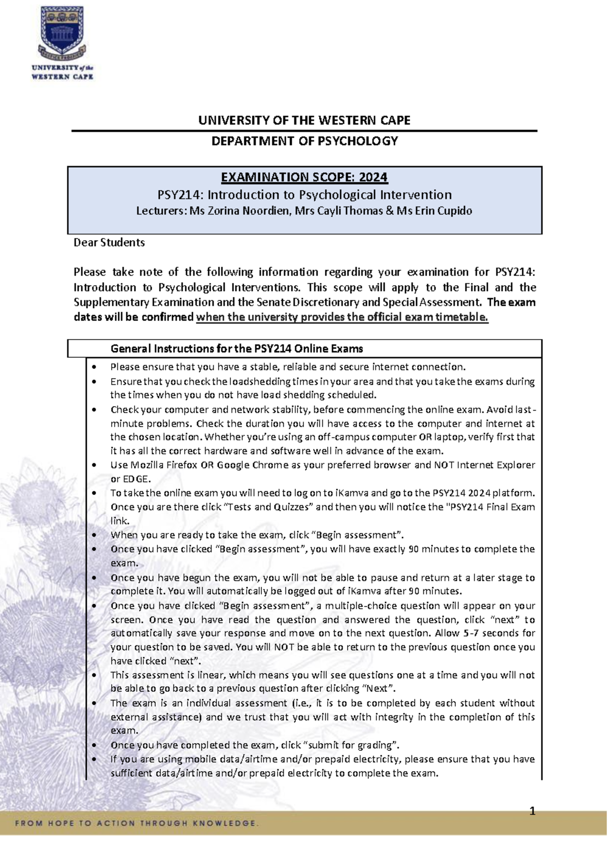 PSY214 Exam Scope 2024 - 1 UNIVERSITY OF THE WESTERN CAPE DEPARTMENT OF ...