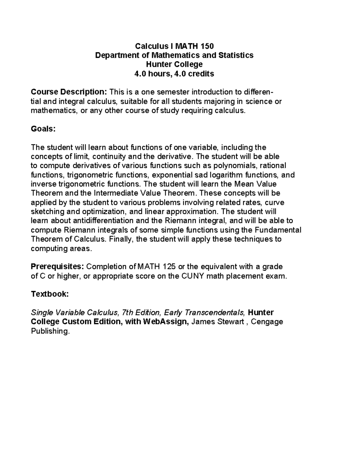 Math150 - Math Syllabus - Calculus I MATH 150 Department of Mathematics ...