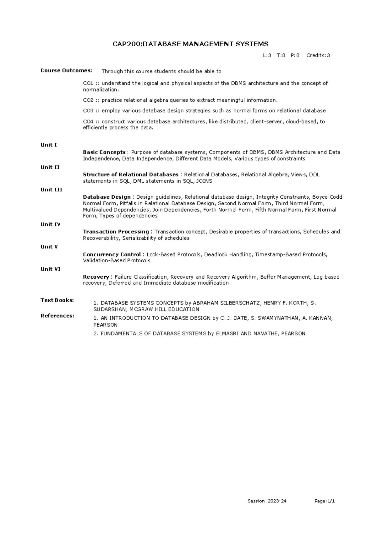 Cap200 updated Syllabus - CAP200:DATABASE MANAGEMENT SYSTEMS Course Outcomes: CO1 :: understand ...