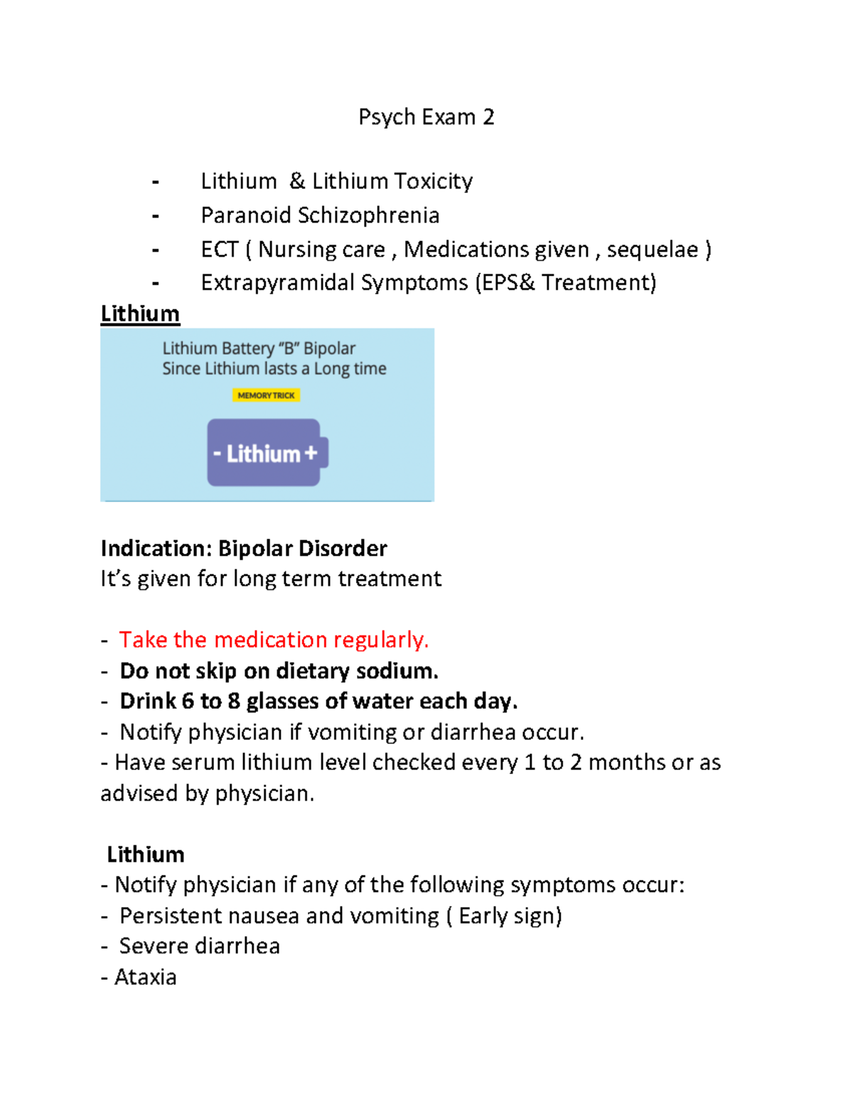 Psych Exam 2 study guide - Psych Exam 2 ⁃ Lithium & Lithium Toxicity ...