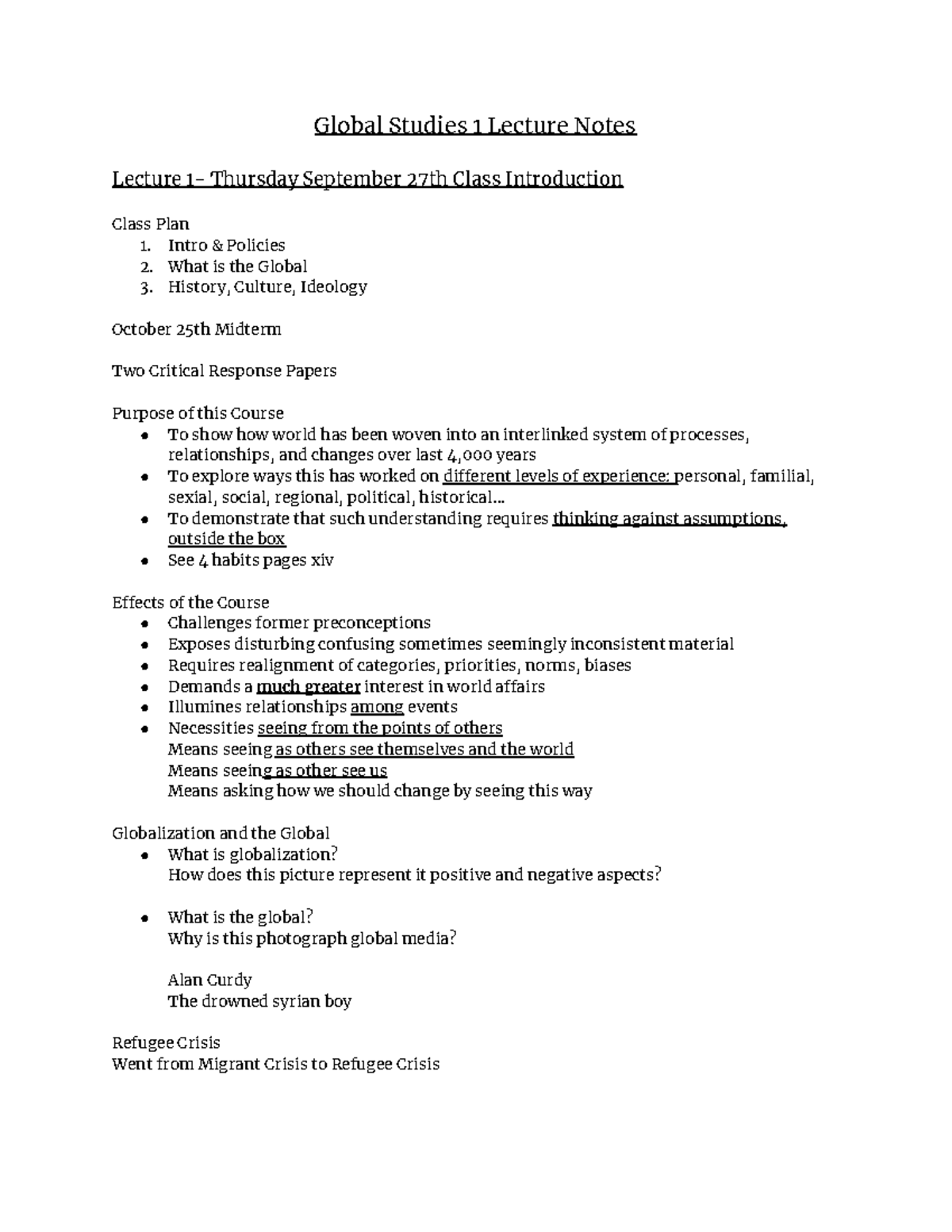 Global Studies 1 Lecture Notes - Global Studies 1 Lecture Notes Lecture ...