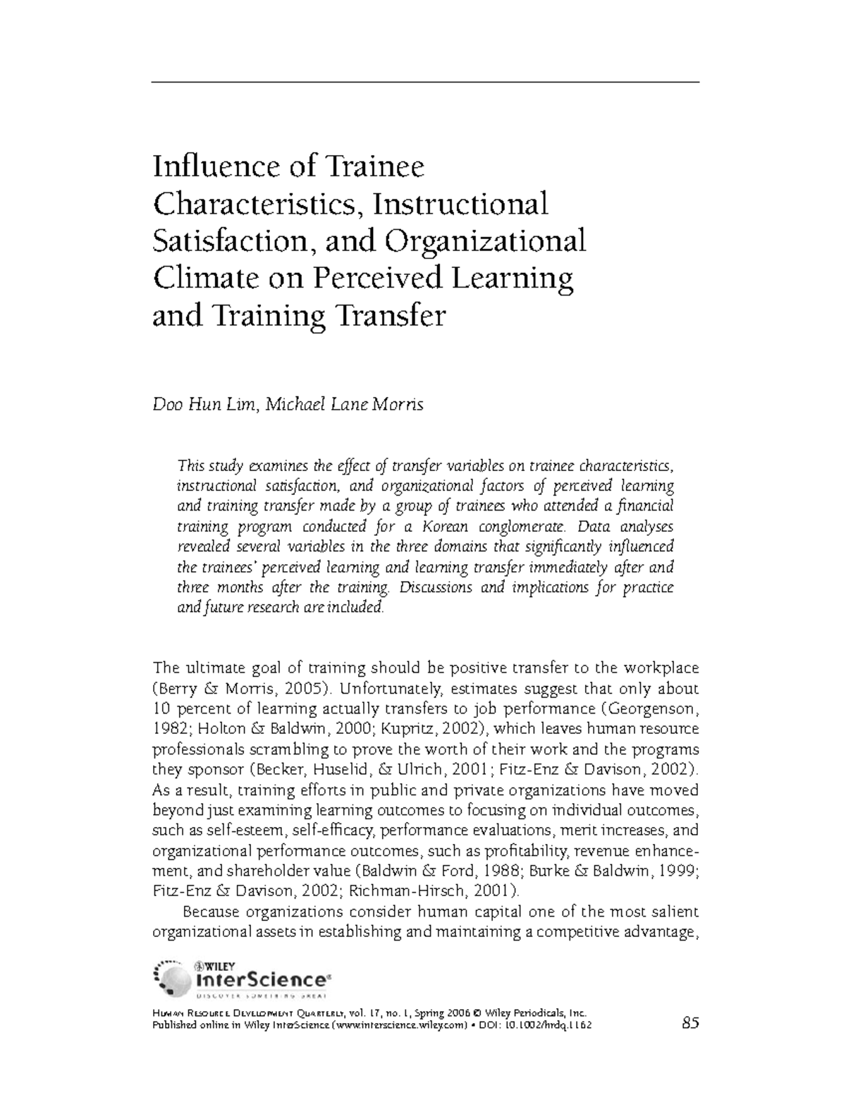 Human Resource Dev Quarterly - 2006 - Lim - Influence of trainee ...