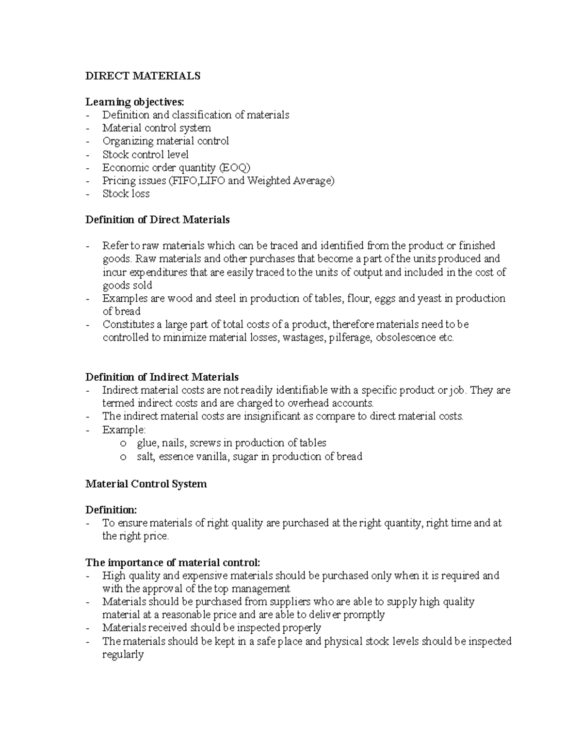 Direct Materials MAF151 COST ACCOUNTING - DIRECT MATERIALS Learning ...