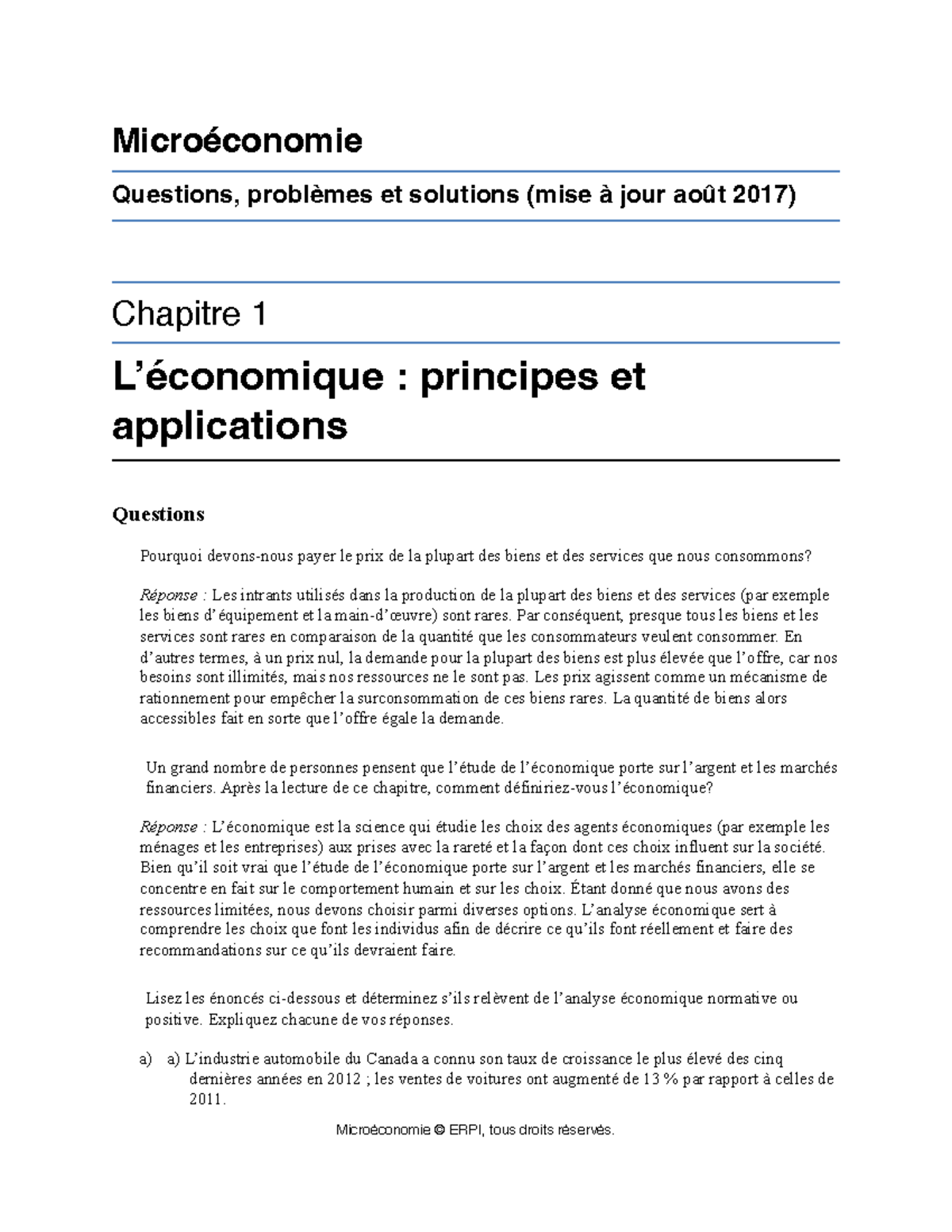 Acemoglu micro-macro ch01 solutionnaire - Microéconomie Questions, problèmes et solutions (mise ...