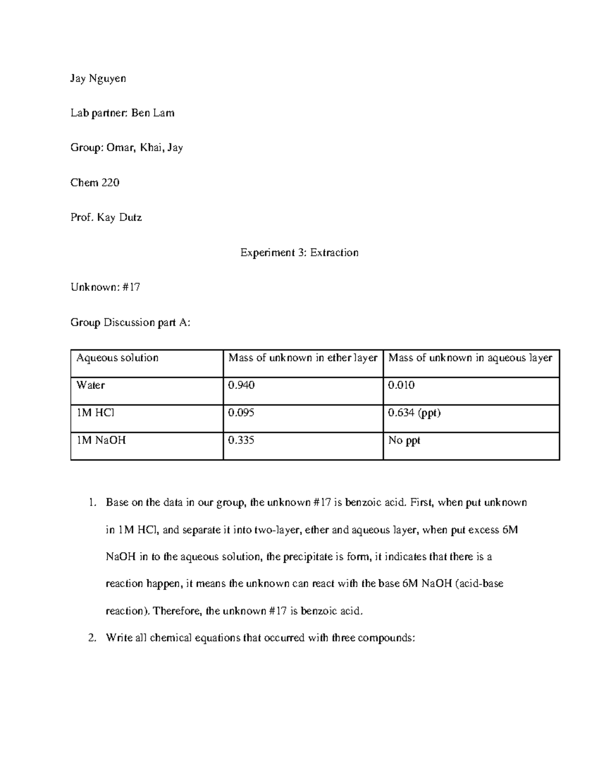 Experiment 3 chem 220 - lab report - Jay Nguyen Lab partner: Ben Lam ...