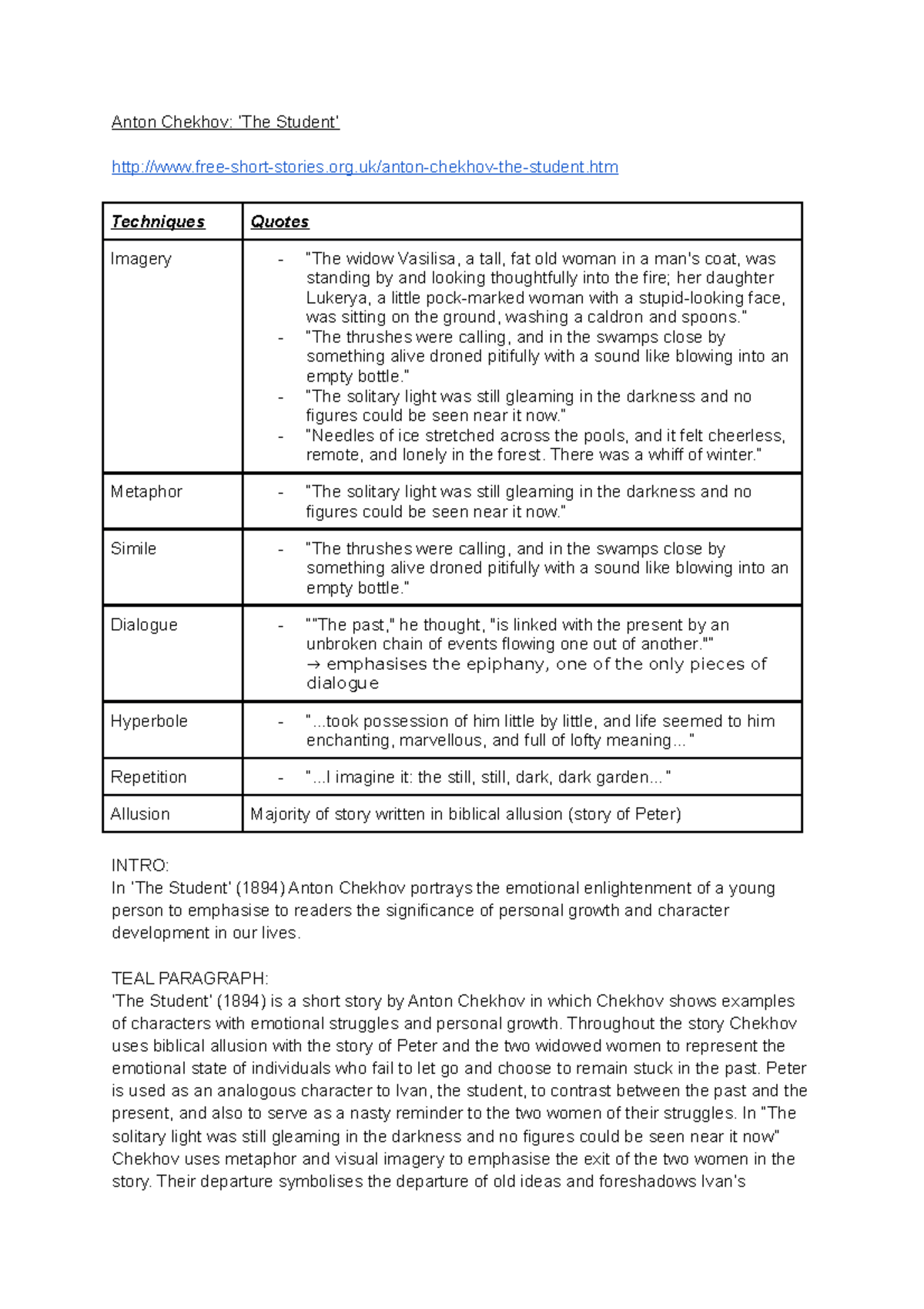 'The Student' Analysis Breakdown - Anton Chekhov: ‘The Student’ - Studocu