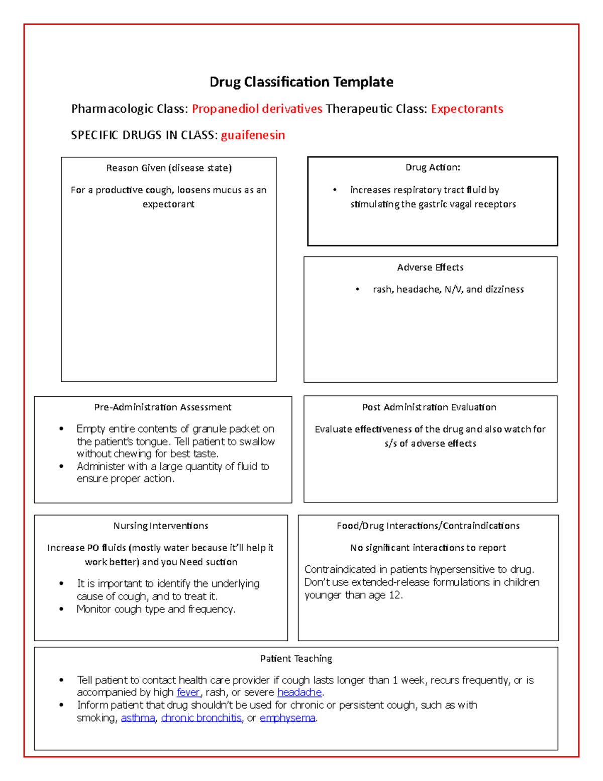 Pharm - Expectorants - Notes about drugs - Drug Classiicaion Template ...