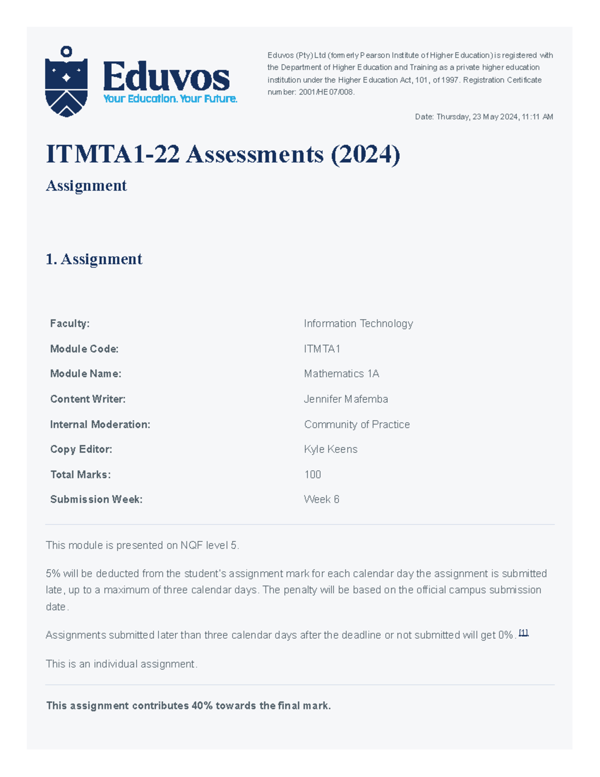 Assignment ITMTA - Eduvos (Pty) Ltd (formerly Pearson Institute of ...