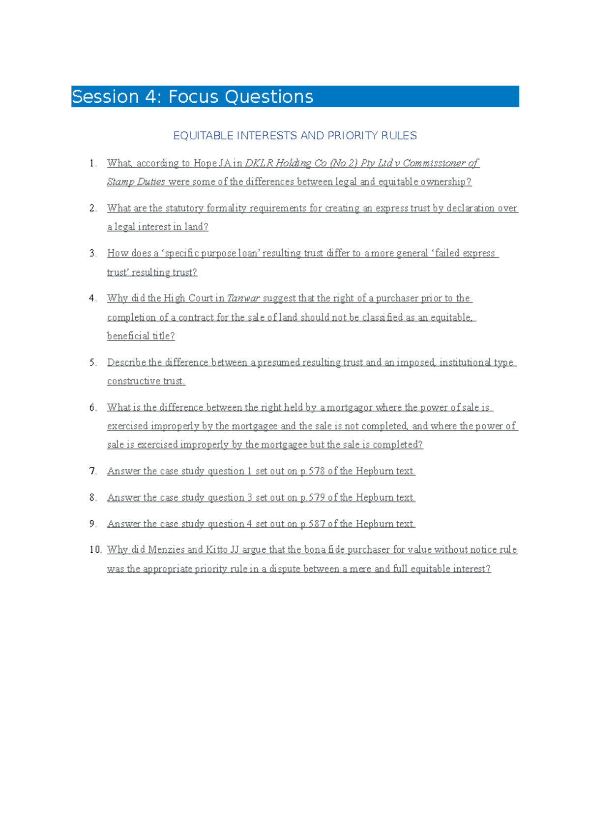 S4 - Real property law focus question - Session 4: Focus Questions ...
